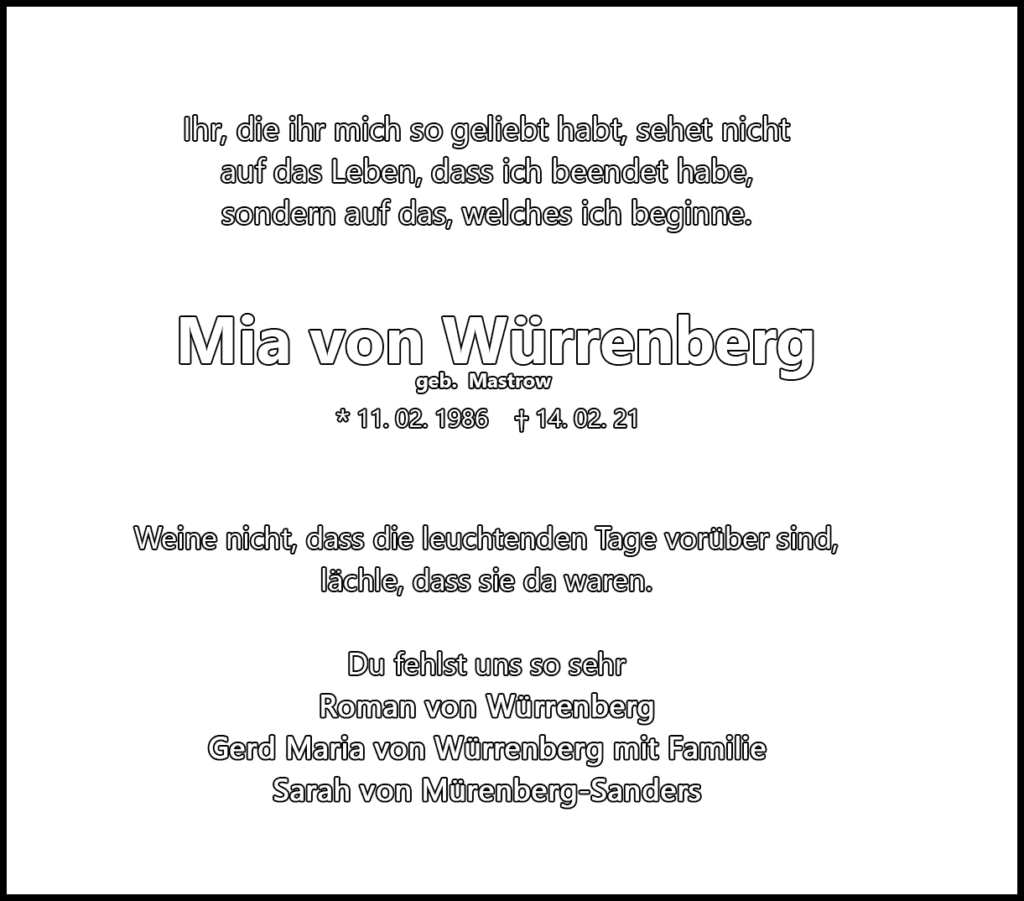 Mia von Würrenberg - Videotraueranzeigen einfach online erstellen auf traueranzeigen.de