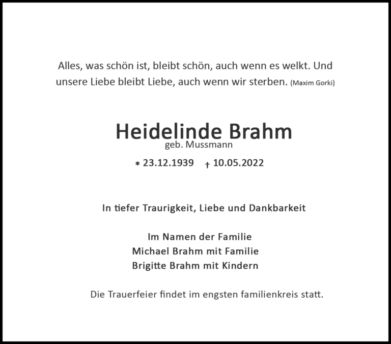 Heidelinde Brahm - Videotraueranzeigen einfach online erstellen auf traueranzeigen.de