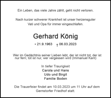 Gerhard König - Videotraueranzeigen einfach online erstellen auf traueranzeigen.de