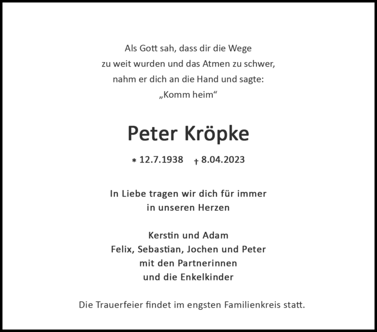 Peter Kröpke - Videotraueranzeigen einfach online erstellen auf traueranzeigen.de